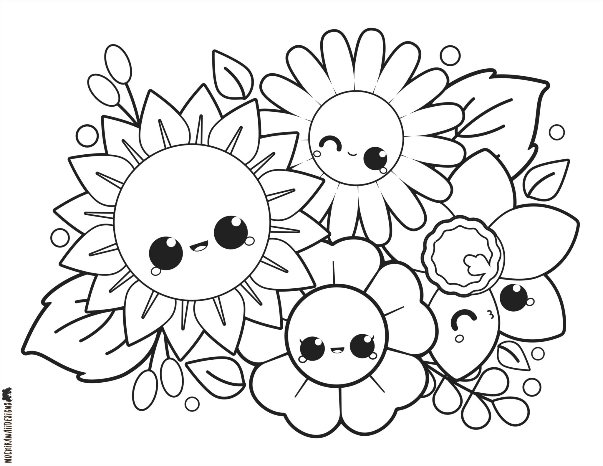 Free Kawaii Flowers Coloring Page | MochiKawaiiDesigns